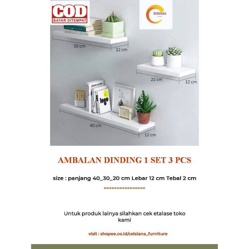 Jual Ambalan dinding 1 set isi 3 buah ukuran 40_30_20 lebar 12cm ...