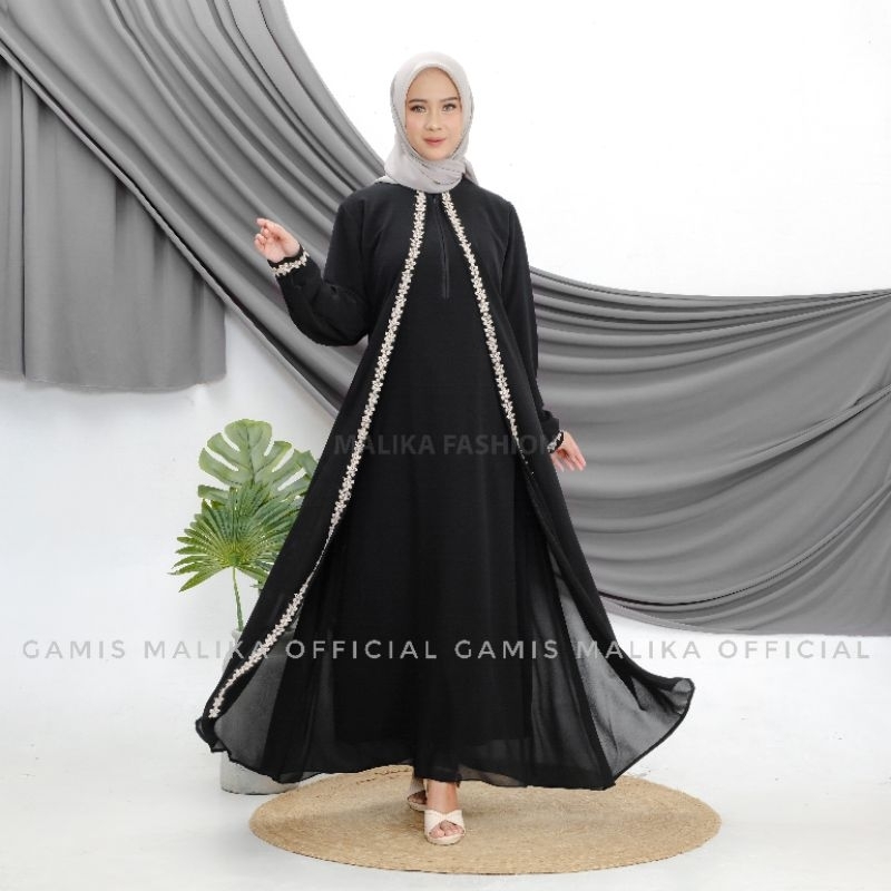 Jual Gamis Pesta Mewah Elegan Abaya Hitam Putih Model Inner Outer Premium Renda Baju Dress ...