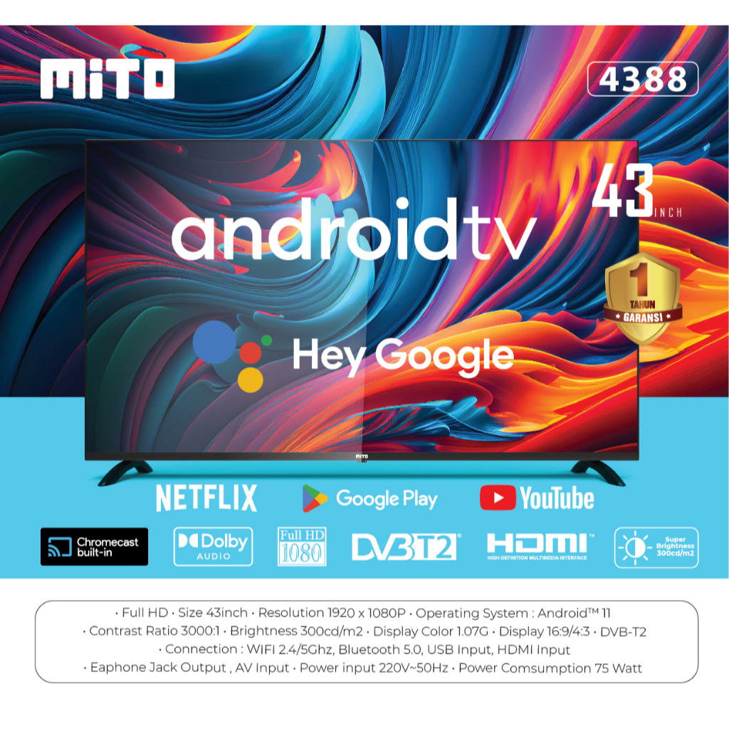 Jual Mito LED Android 11 Smart TV 43 Inch Full HD Mito 4388 | Shopee Indonesia
