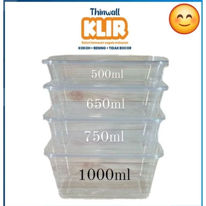 Jual thinwall persegi panjang KLIR + tutup, kotak makan plastik 500ml,650ml,750ml,1000ml ...