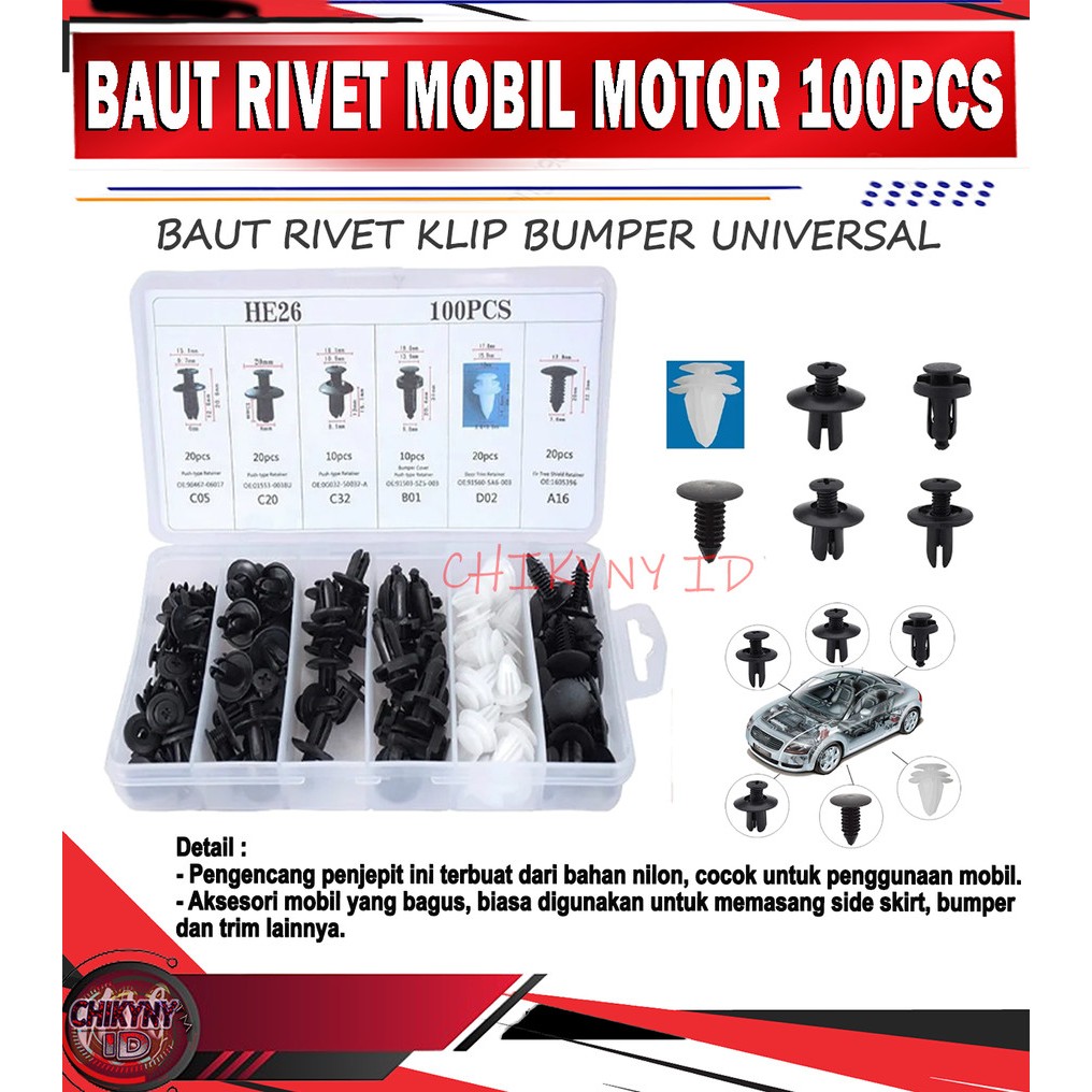 Jual BAUT RIVET MOBIL UNIVERSAL 100PCS KLIP BUMPER BAUT MOTOR | Shopee ...