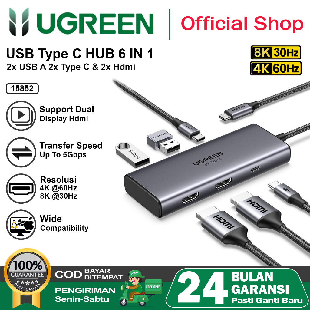 Jual UGREEN USB Hub Type C 4 in 1 USB 3.0 Hdmi 8K 30Hz Display 15395 ...