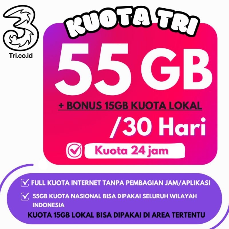 Jual PAKET INTERNET KUOTA TRI 100GB NASIONAL 30HARI | Shopee Indonesia