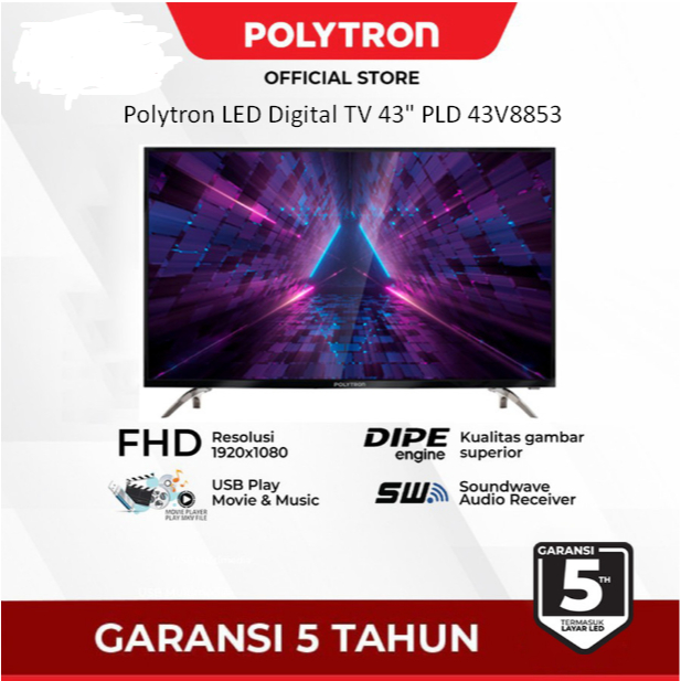 Jual Polytron LED Digital TV 43" Full HD FHD USB Play PLD 43V8853 DVB-T2 43V | Shopee Indonesia