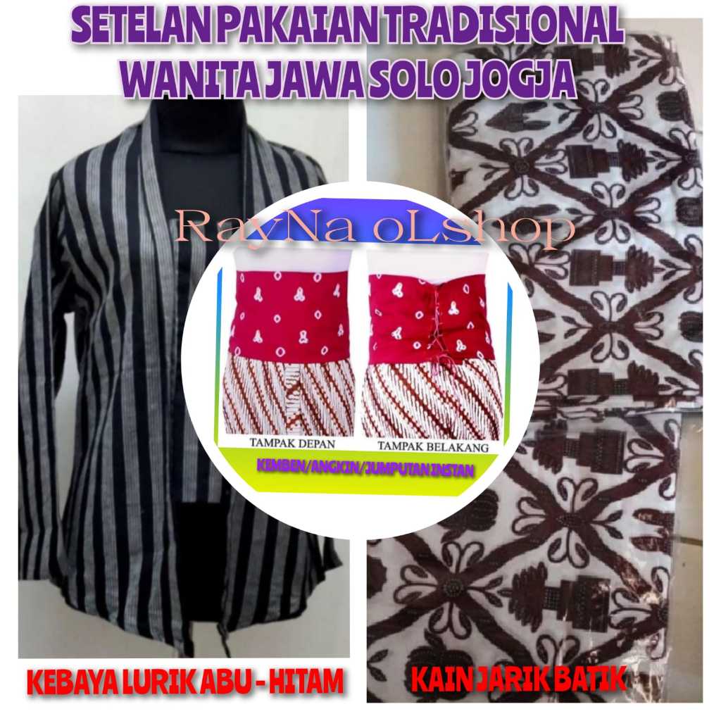Jual BAJU KEMEJA JAWA WANITA | KEBAYA LURIK ABU HITAM + KAIN JARIK BATIK + KEMBEN/ANGKIN ...