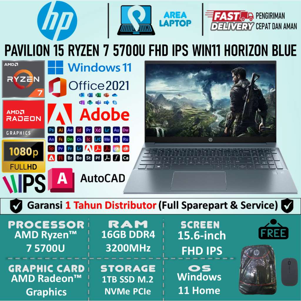 Jual Laptop HP Pavilion 15 AMD Ryzen 7 5700U 16GB 1TB SSD FHD IPS Win11 ...
