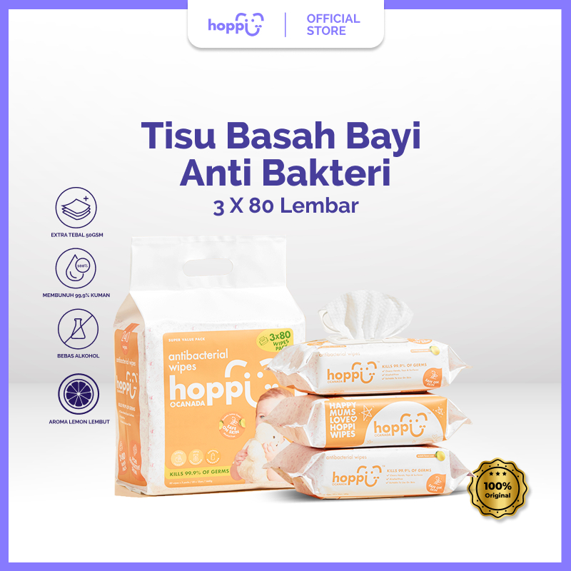 Jual Hoppi Tisu Basah Bayi Anti-Bakteri (3 Pak x 80 Lembar) | Shopee Indonesia