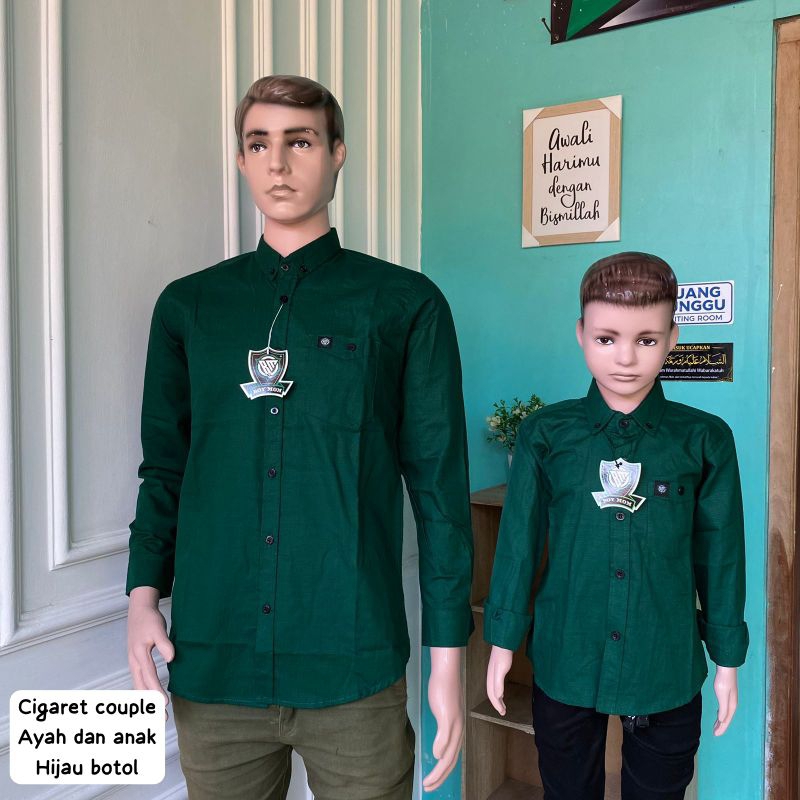 Jual HIJAU BOTOL KEMEJA POLOS COUPLE AYAH DAN ANAK BAHAN CIGARET LENGAN ...