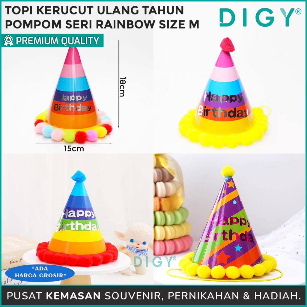Jual Topi Ulang Tahun Kerucut Pompom Size M (18 x 15cm) / Topi Kerucut ...