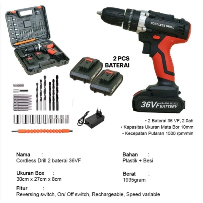 Jual Mesin Bor Baterai Tangan / Cordless Hand Drill 2 Battery 36V ...