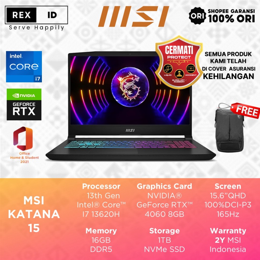 Jual Laptop MSI Katana RTX4060 8GB i7-13620H 16GB 1TB 15.6" QHD 165Hz Win11+OHS - MSI Katana ...