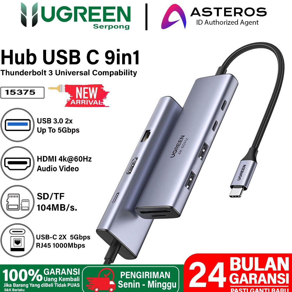 Jual KODE N65F UGREEN Adapter Hub 9 in 1 USB Type C To HDMI VGA Lan Rj45 PD 1w USB 3 SDTF Card ...