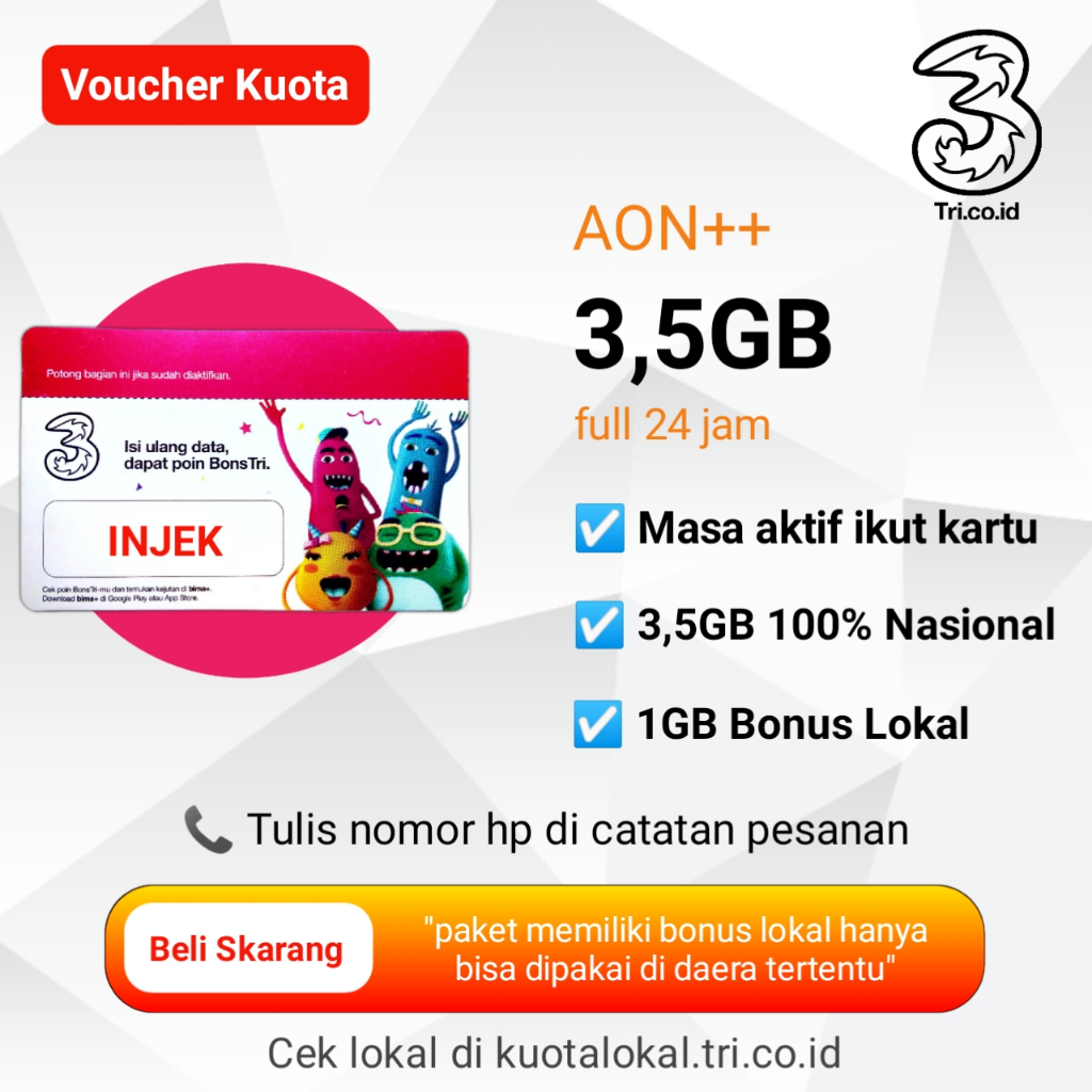 Jual Paket data AON Injek Tri/3/Three 3,5GB Nasional & bonus lokal | Shopee Indonesia