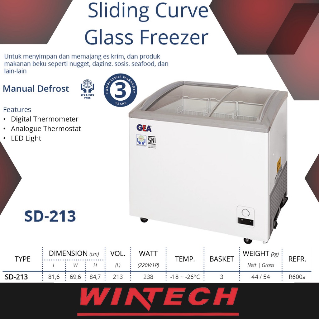 Jual KHUSUS LUAR KOTA - Gea SD-213 Sliding Curve Glass Freezer Kulkas ...