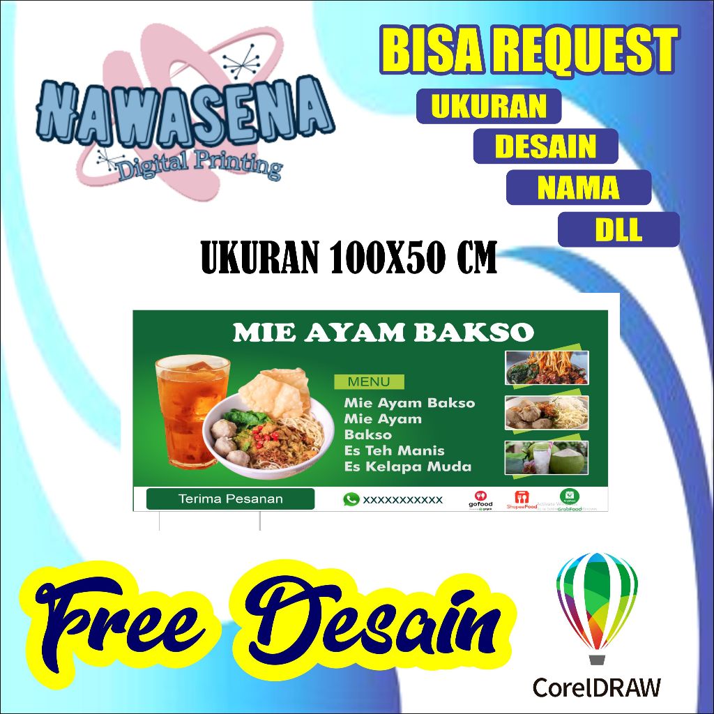 Jual cetak spanduk banner mie ayam bakso ukuran 100x50 cm custom ...