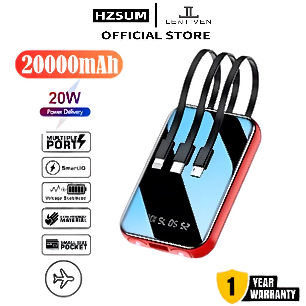 Jual HZSUM LENTIVEN Powerbank 20000mAh 3 Kabel Fast Charging Full ...