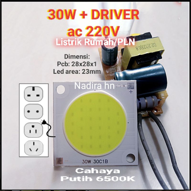 Jual 30W Led + DRIVER 220Vac/Listrik Rumah/PLN Warna putih Chip Cob ...