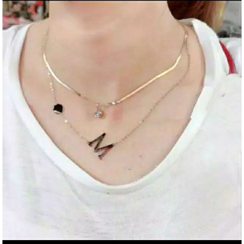 Jual kalung titanium vintage 2layer inisial nama huruf wanita rose gold ...