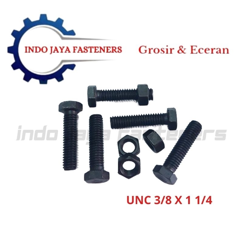 Jual 3/8 x 1 1/4 inch Baud Mur Hexagon Besi Hitam UNC Drat Kasar | Shopee Indonesia
