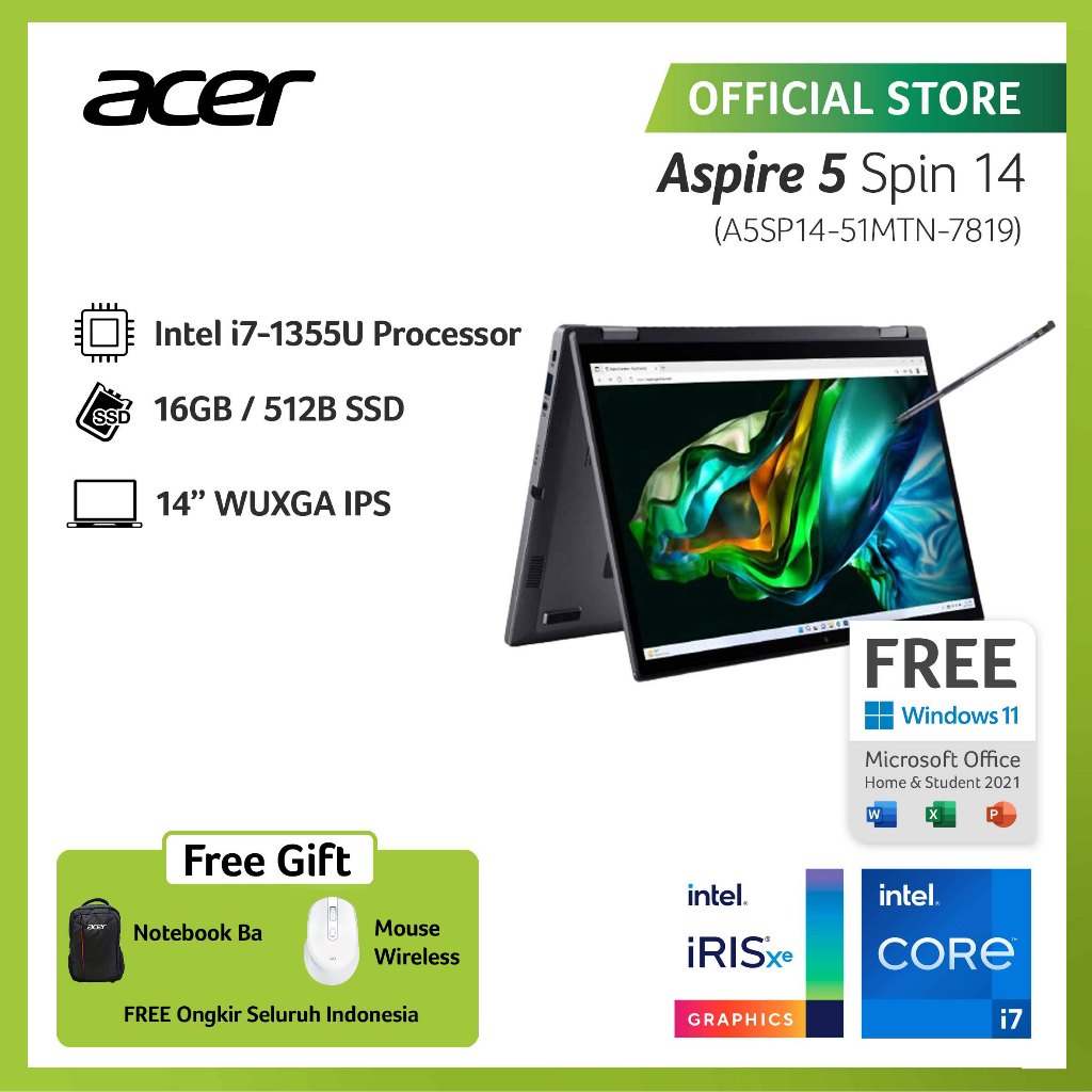 Jual (FREE STYLUS PEN & WIRELESS MOUSE) ACER LAPTOP 2 IN 1 ASPIRE 5 ...
