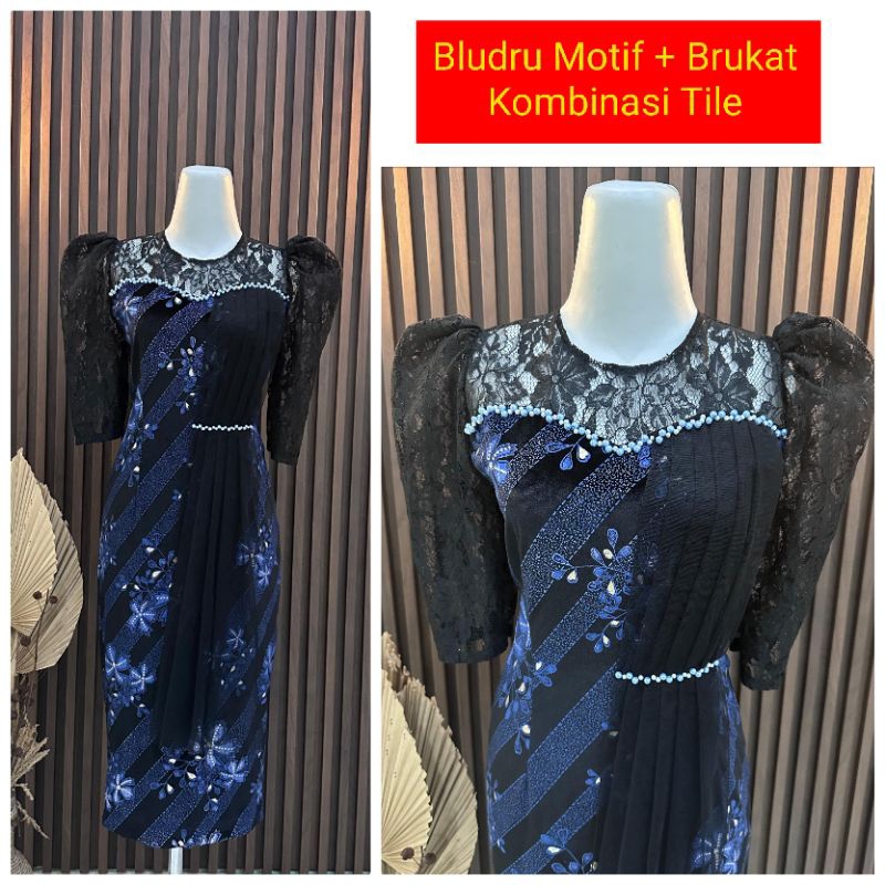 Jual Midi Dress Bludru Motif Salur Kombinasi Brukat+tile // Dress Pesta ...