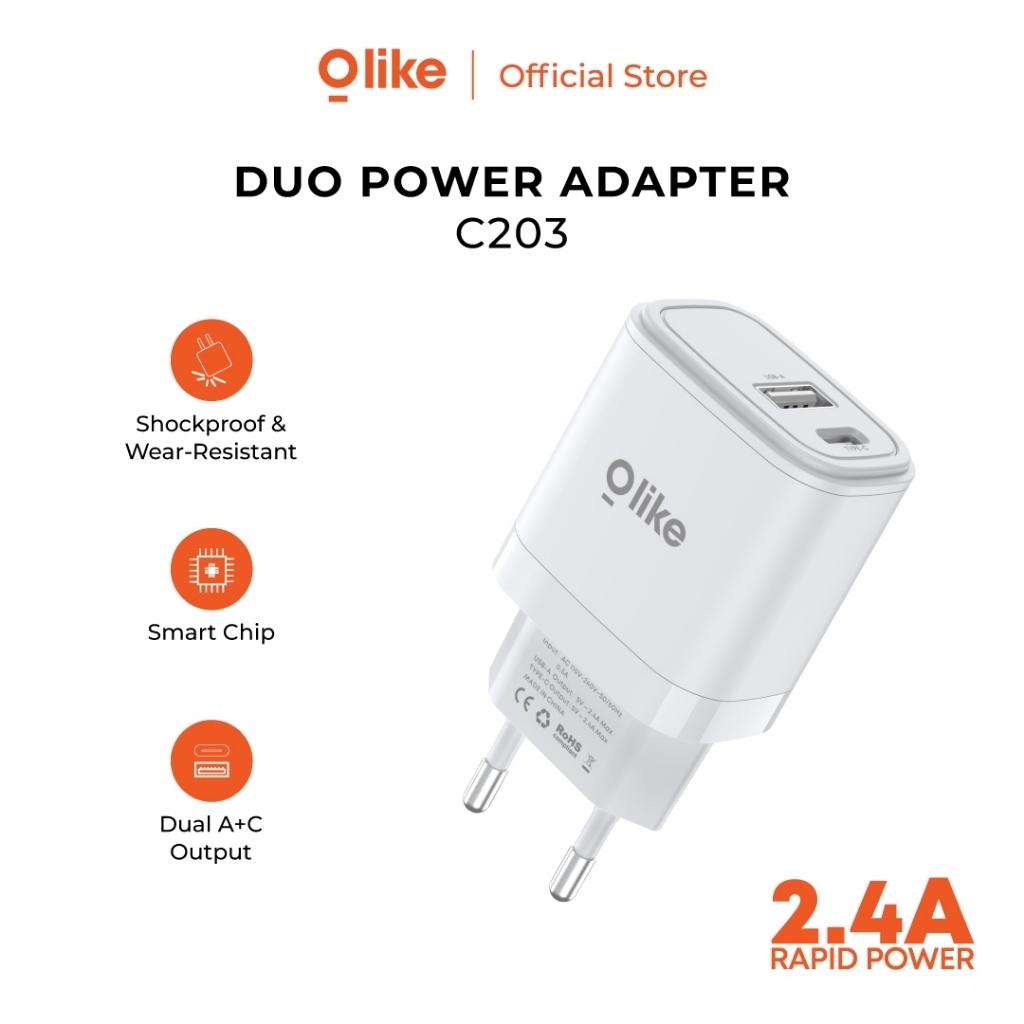 Jual OLIKE Kepala Charger C203 Dual Port Output USB+Type-C 12W Max 2.4A ...
