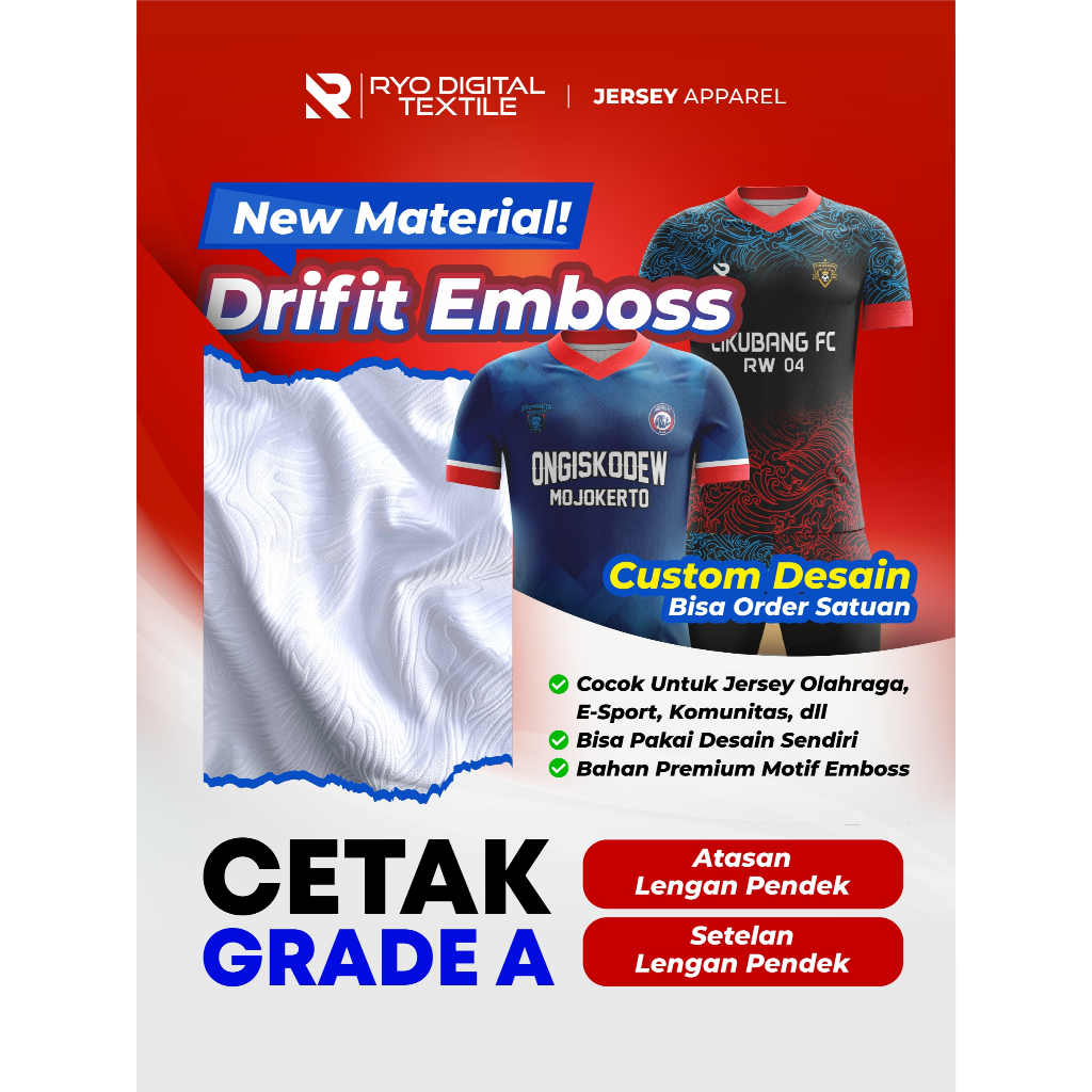 Jual Jersey Kain Dryfit Emboss Custom Full Printing - Grade A | Shopee ...