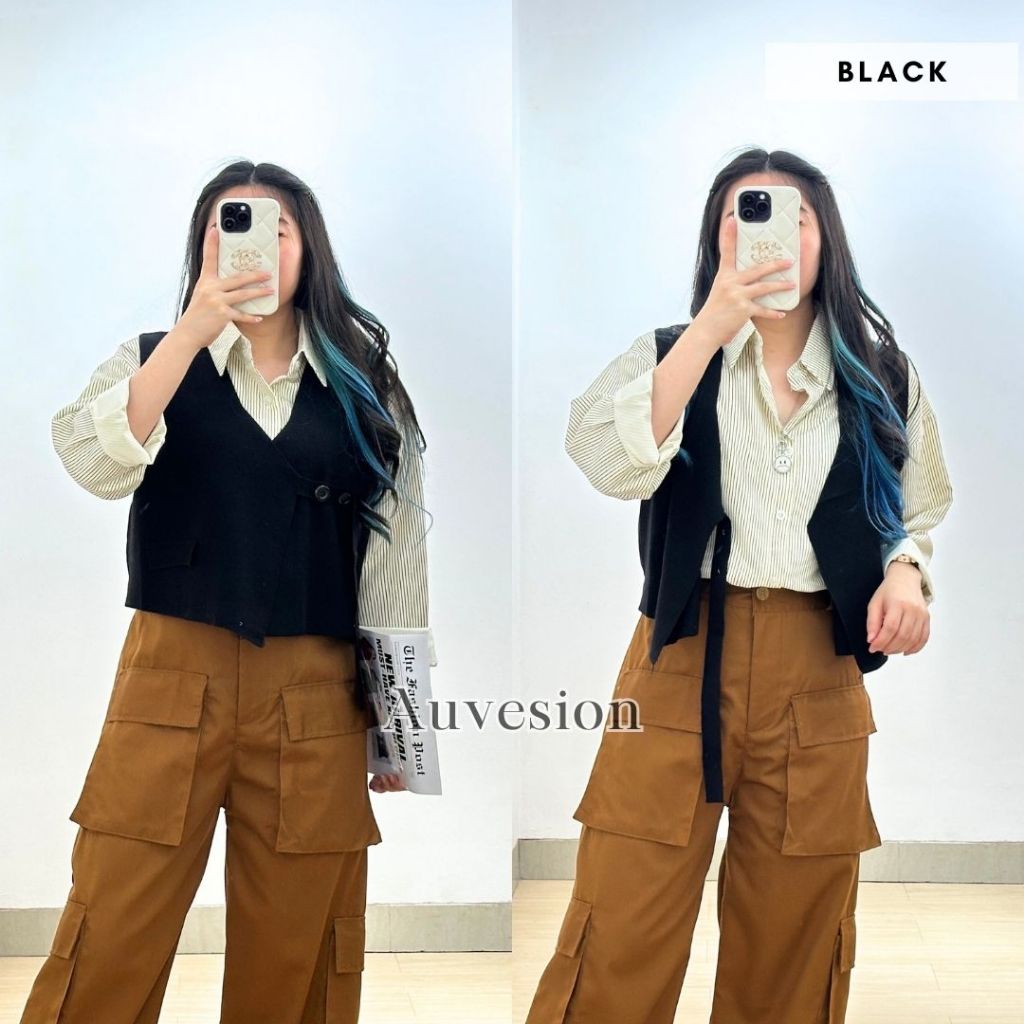 Jual AUVESION Alisha Two Tones 2 In 1 One Set Vest Long Sleeves Top ...