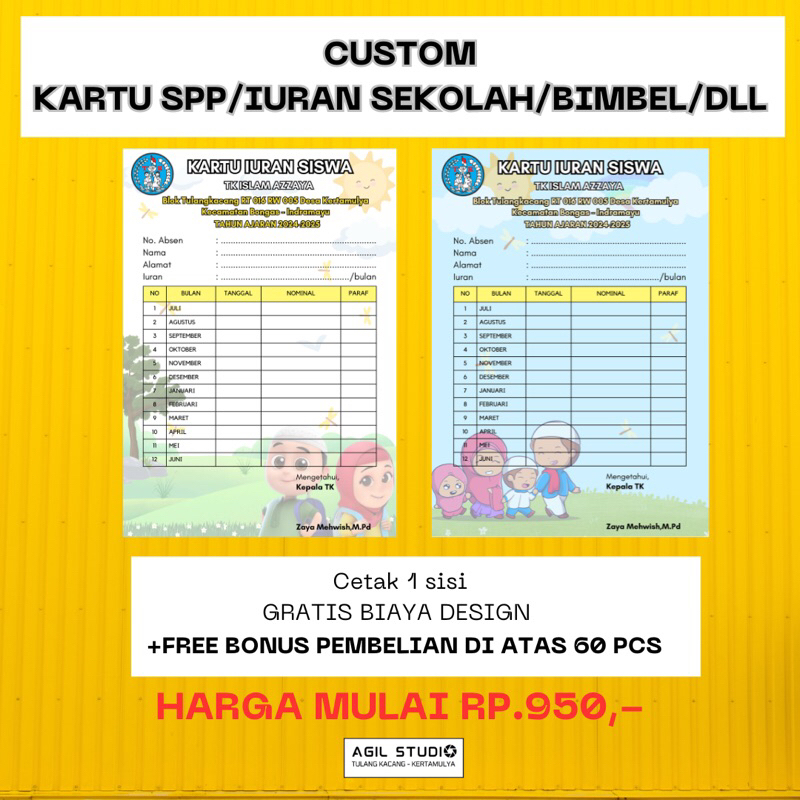 Jual Custom Kartu Iuran SPP Sekolah Bimbel Les Dll Satu sisi | Shopee ...