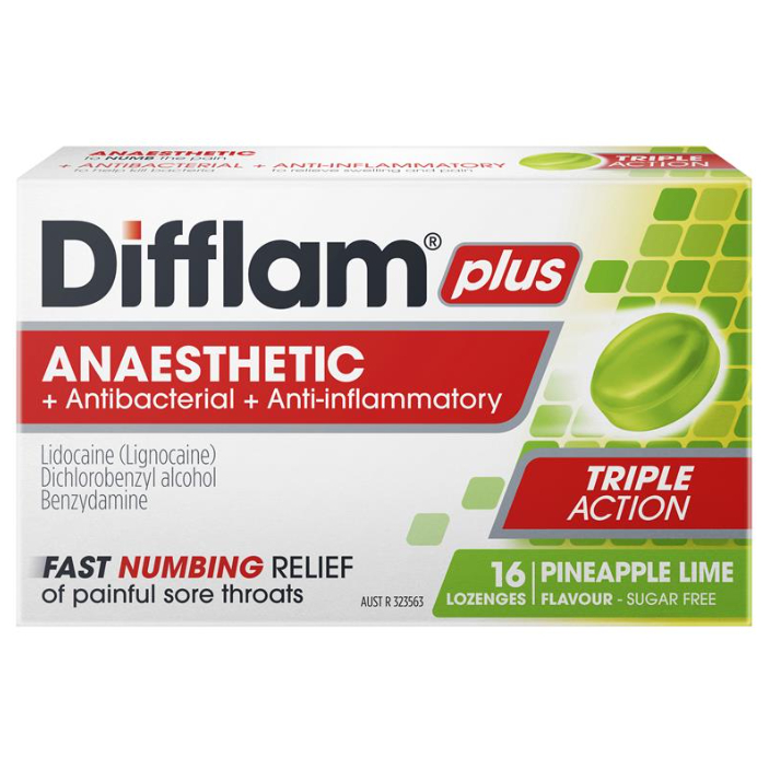 Jual Difflam Plus Anaesthetic Sugar Free Pineapple & Lime 16 Lozenges ...