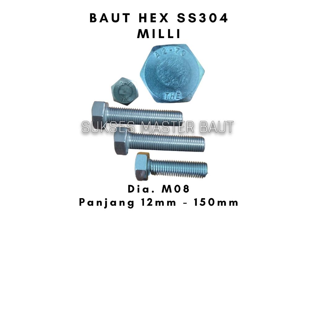Jual BAUT HEX SS304 (A2-70) MILLI M08 PANJANG 12mm - 150mm | Shopee Indonesia