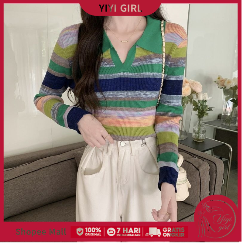 Jual YIYI GIRL Korean Sweeter Crop Crewneck Atasan Rajut Wanita Lengan Panjang Vintage Atasan ...