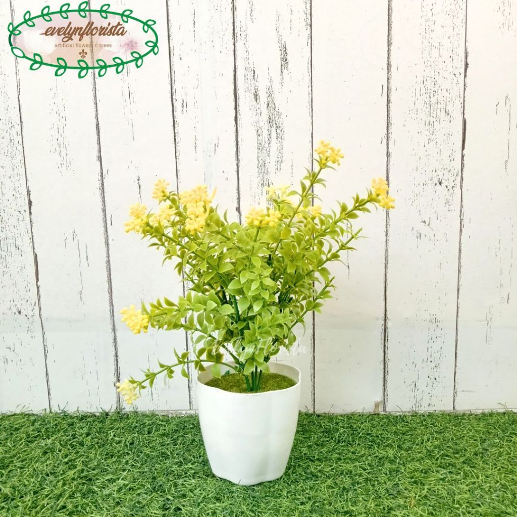 Jual Pohon Daun Buxus Bunga Kuning Bunga Artificial Pot Plastik Putih ...