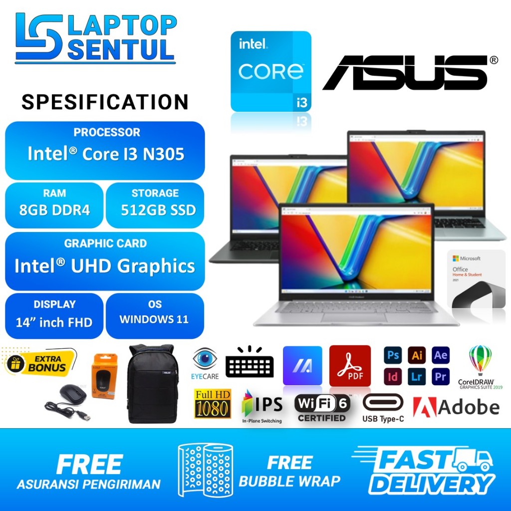 Jual Laptop Slim Asus Vivobook Go 14 E1404GA Intel Core i3 N305 8GB 512GB UFS FHD IPS Backlit ...