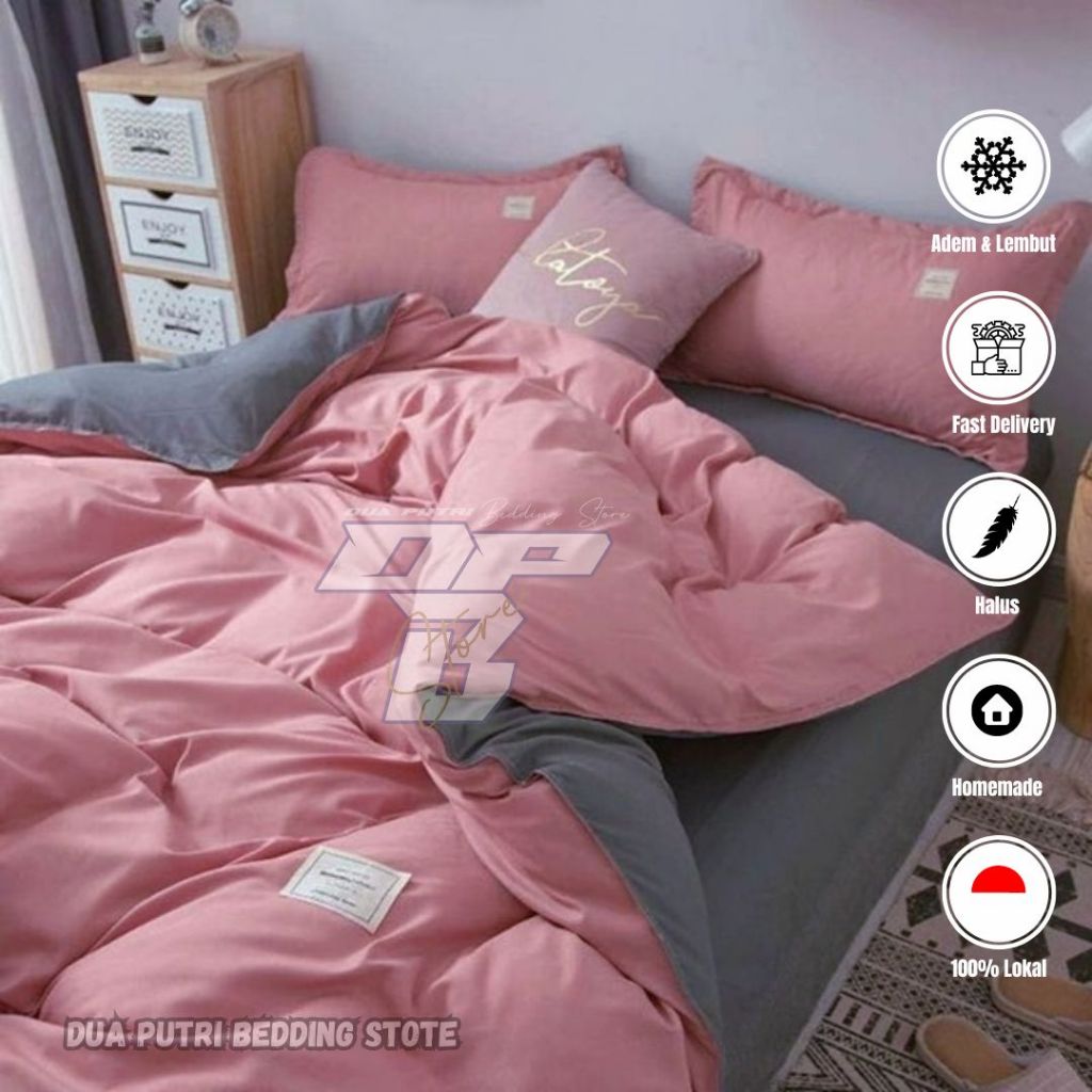Jual Bedcover Set Motif Kombinasi Pink Polos Abu Polos- Single Queen ...
