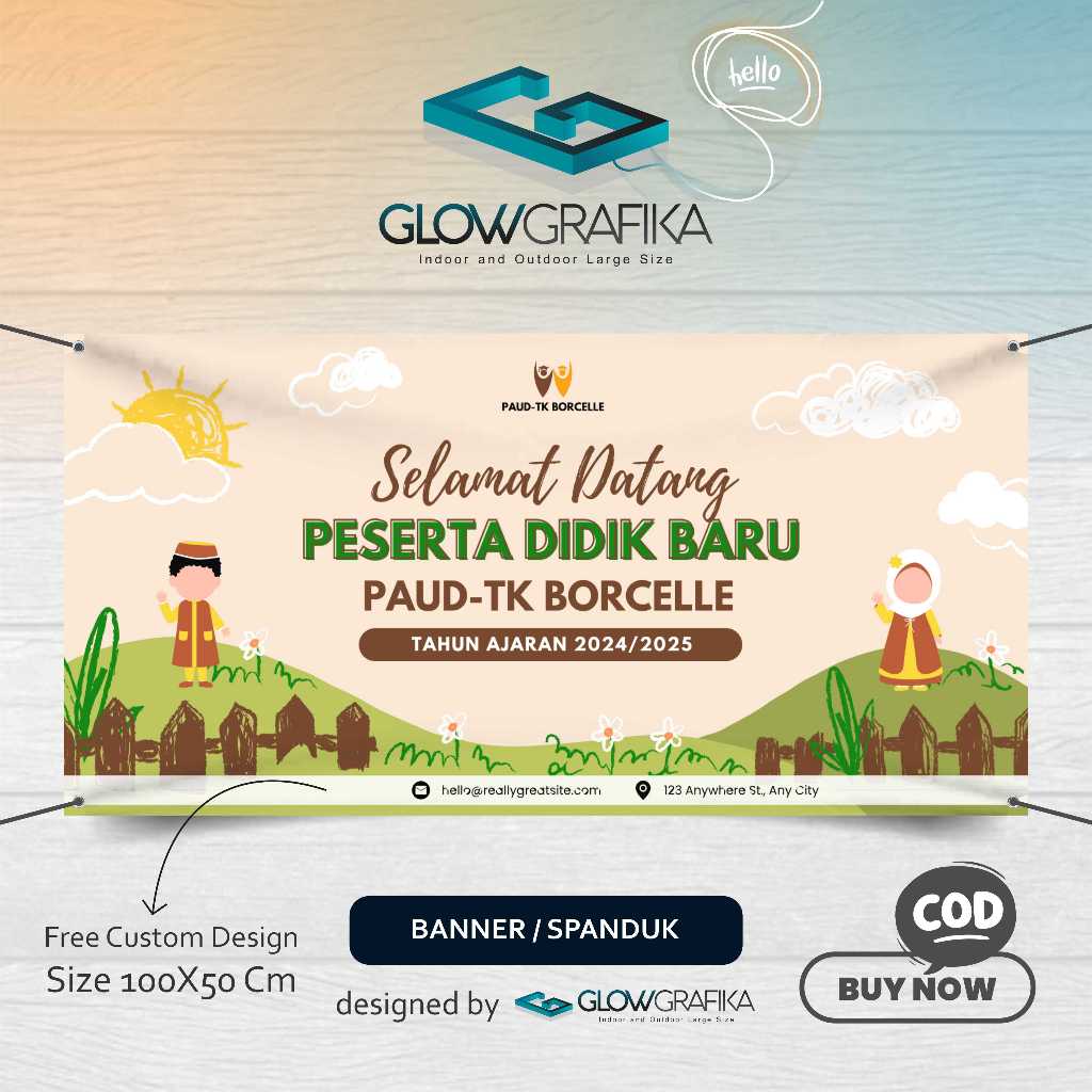 Jual Cetak Spanduk Banner MMT Krem Hijau Lucu Selamat Datang Siswa Baru ...