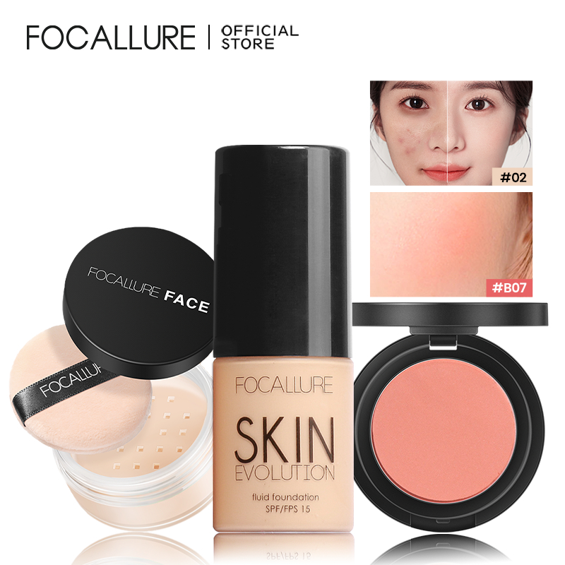 Jual FOCALLURE 3PCS Set Oil Control Loose Powder Foundation Blush ...