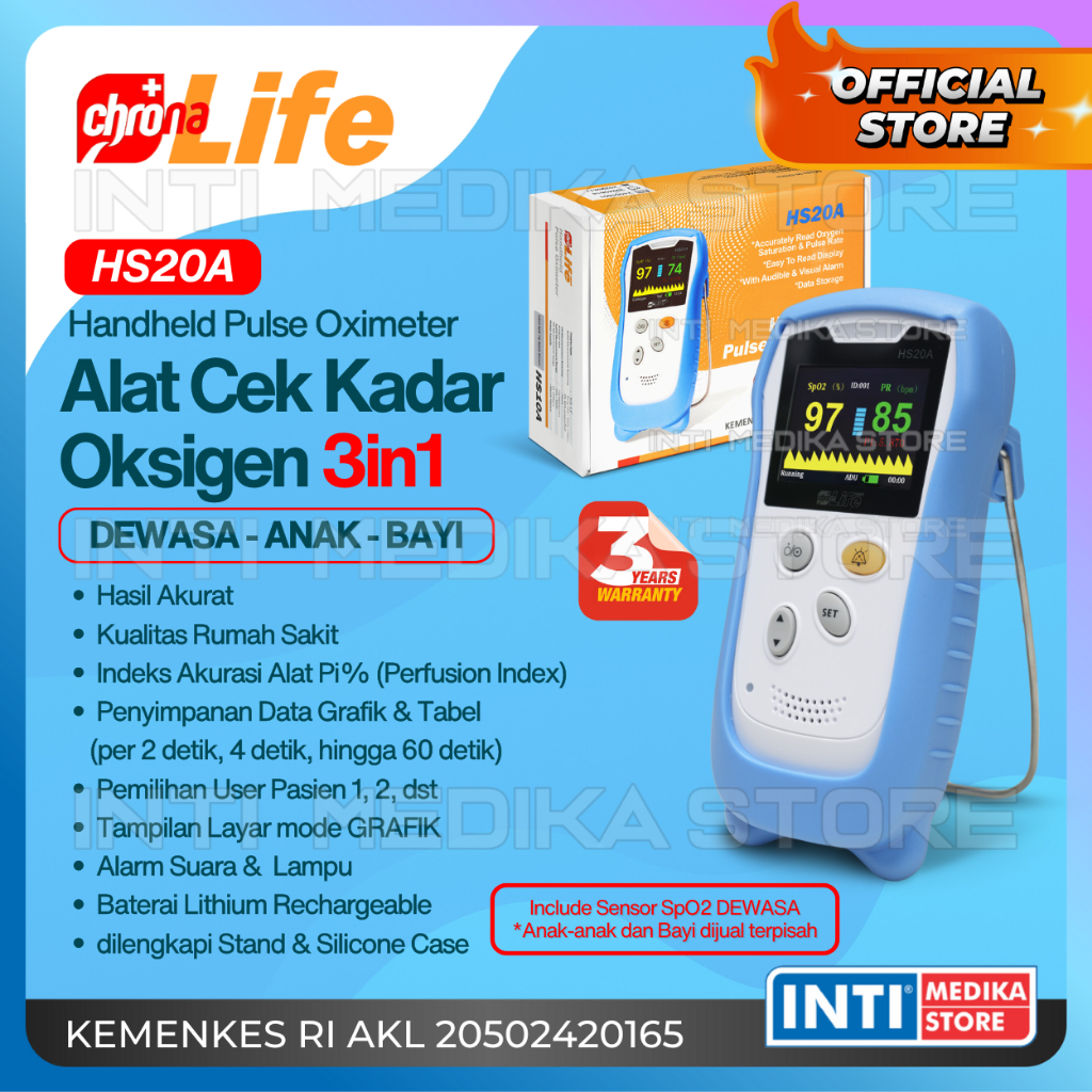 Jual CHRONA LIFE - Alat Cek Kadar Oksigen 3in1 Bayi Anak Dewasa | Pulse Oxymeter Genggam dengan ...