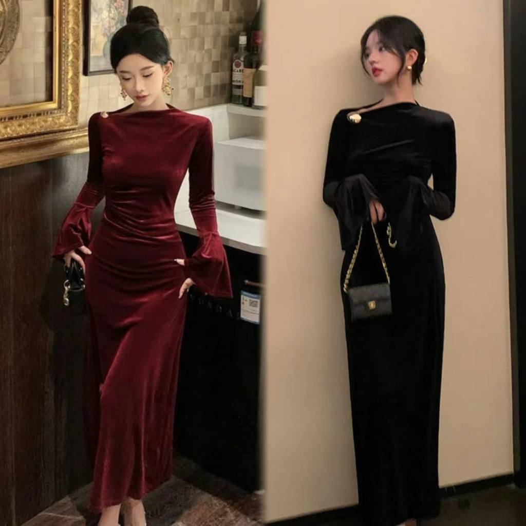 Jual First Girl-Gaun Longdress Velvet Elegant Lengan Terompet Dress ...