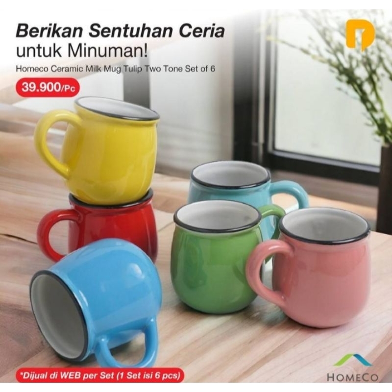 Jual Homeco Ceramic Milk Mug Tulip Two Tone Set of 6 (Isi 6 Gelas ...