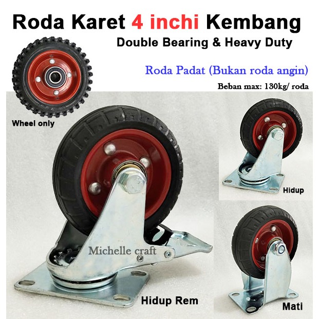 Jual Roda 4 inchi Karet Kembang (Mati/Hidup/Rem/Wheel only) Double ...