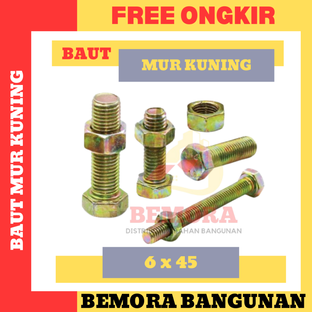 Jual Baut Mur Kuning / BMK / Yellow Zinc Plated Bolt & Nut M 6 x 40 | Shopee Indonesia