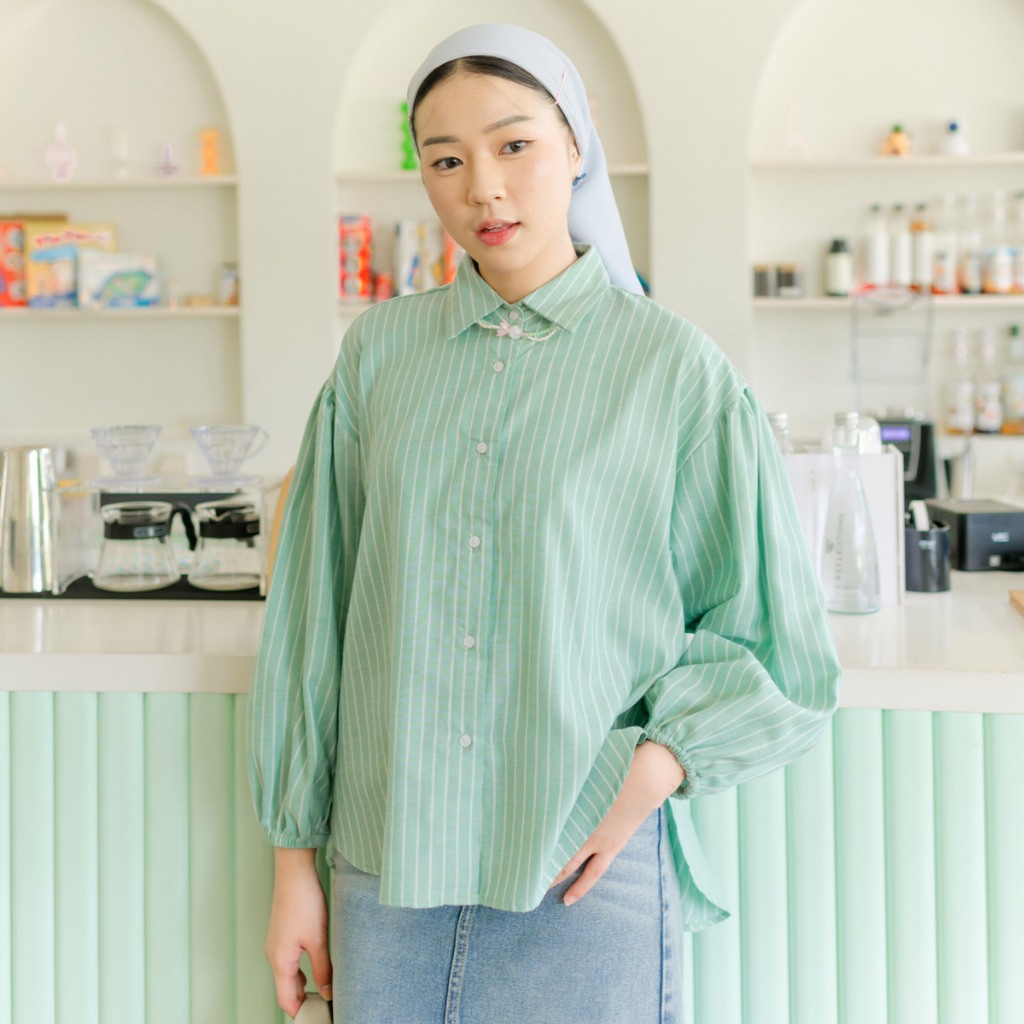 Jual HijabChic Mirai Jade Green Stripe Top - Kemeja Muslim Stripe ...