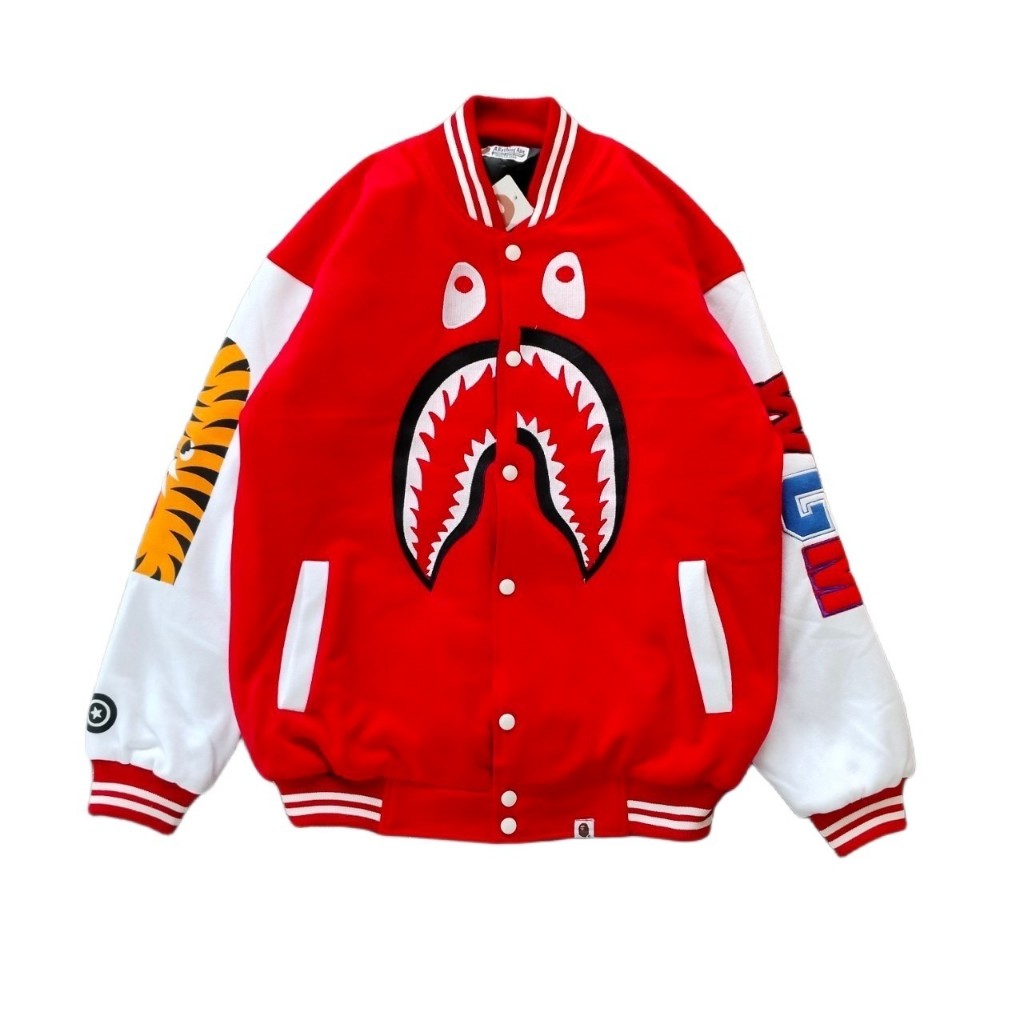 Jual BOMBER VARSITY JAKET BAPE A BATHING APE SHARK WGM RED WHITE ...