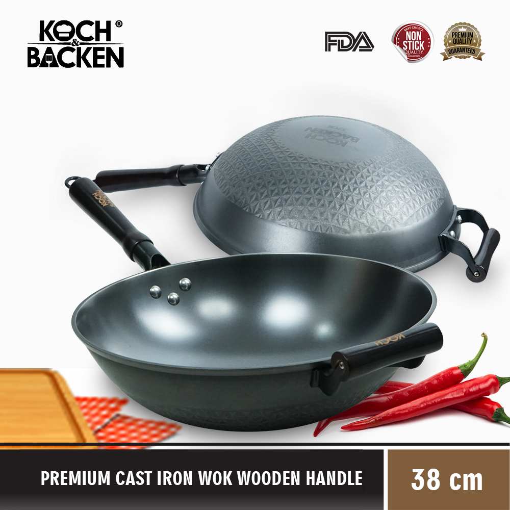Jual KOCH&BACKEN Premium Cast Iron Wok Round Bottom 38cm + Tutup Kaca ...
