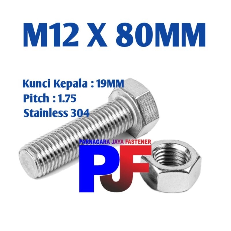 Jual Mur Baut / Bolt Nut M12 x 80mm Stainless Steel 304 | Shopee Indonesia