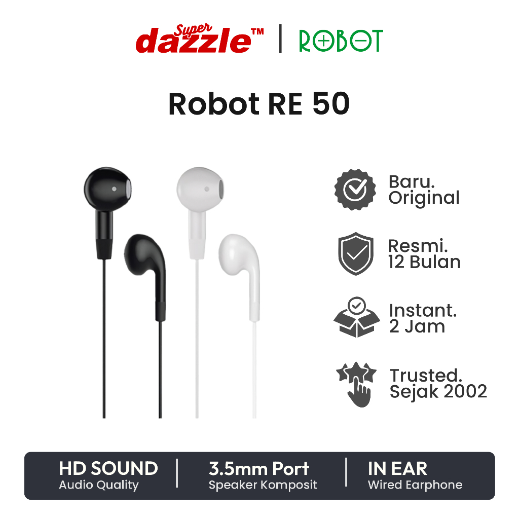 Jual Headset Robot RE50 Earphone Kabel Handsfree Garansi Resmi 12 Bulan ...
