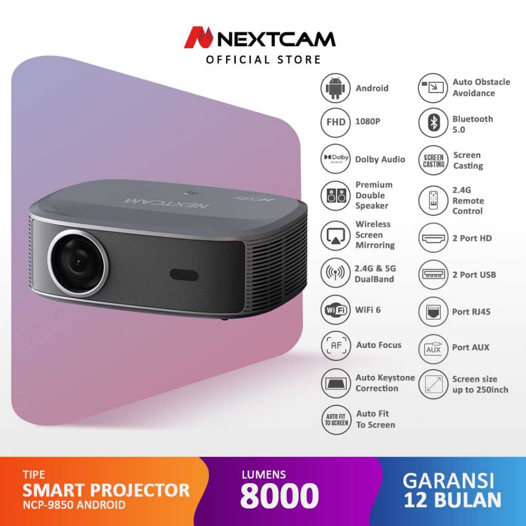 Jual Nextcam Projector Wireless Android Full HD 8000lumens 5G Netflix Youtube Fully Auto Focus ...