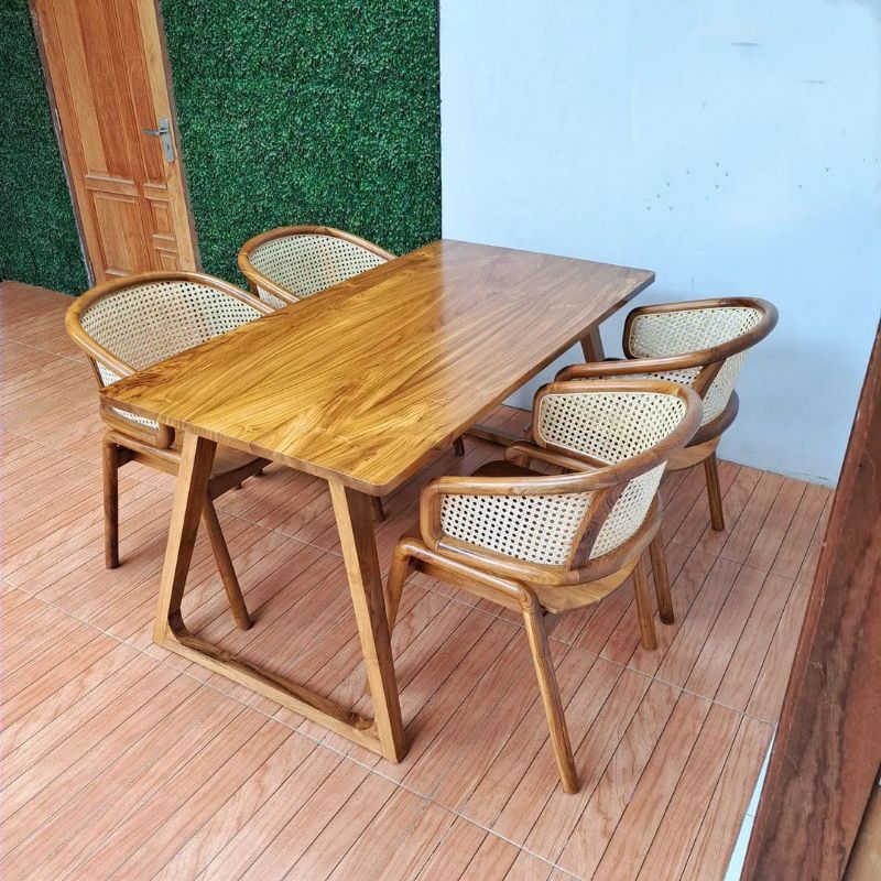 Jual Meja makan Minimlis kayu jati 4 kursi Rotan, meja makan kayu jati, meja cafe kayu jati ...