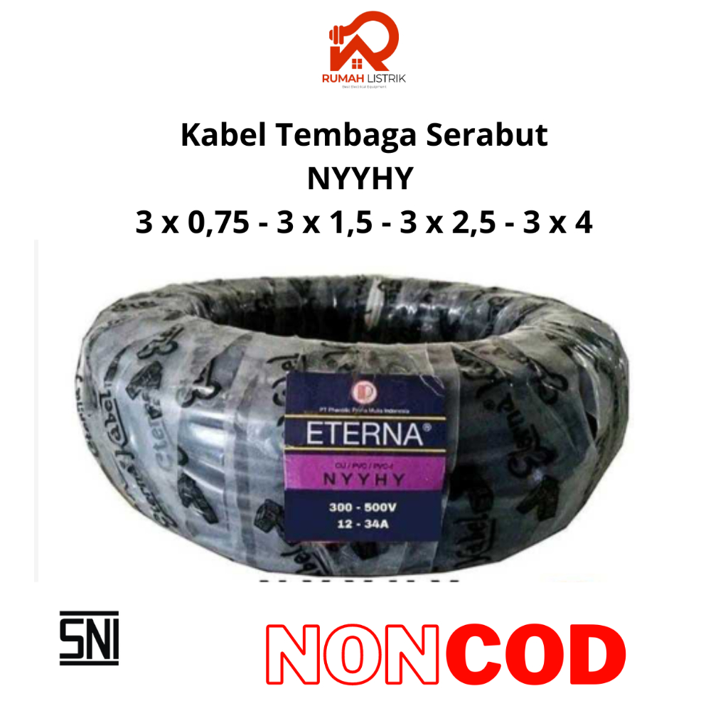 Jual Eterna Kabel NYYHY 3x0,75 - 3x1,5 - 3x2,5 - 3x4 Eceran/Meter Kabel Listrik Hitam Tembaga ...